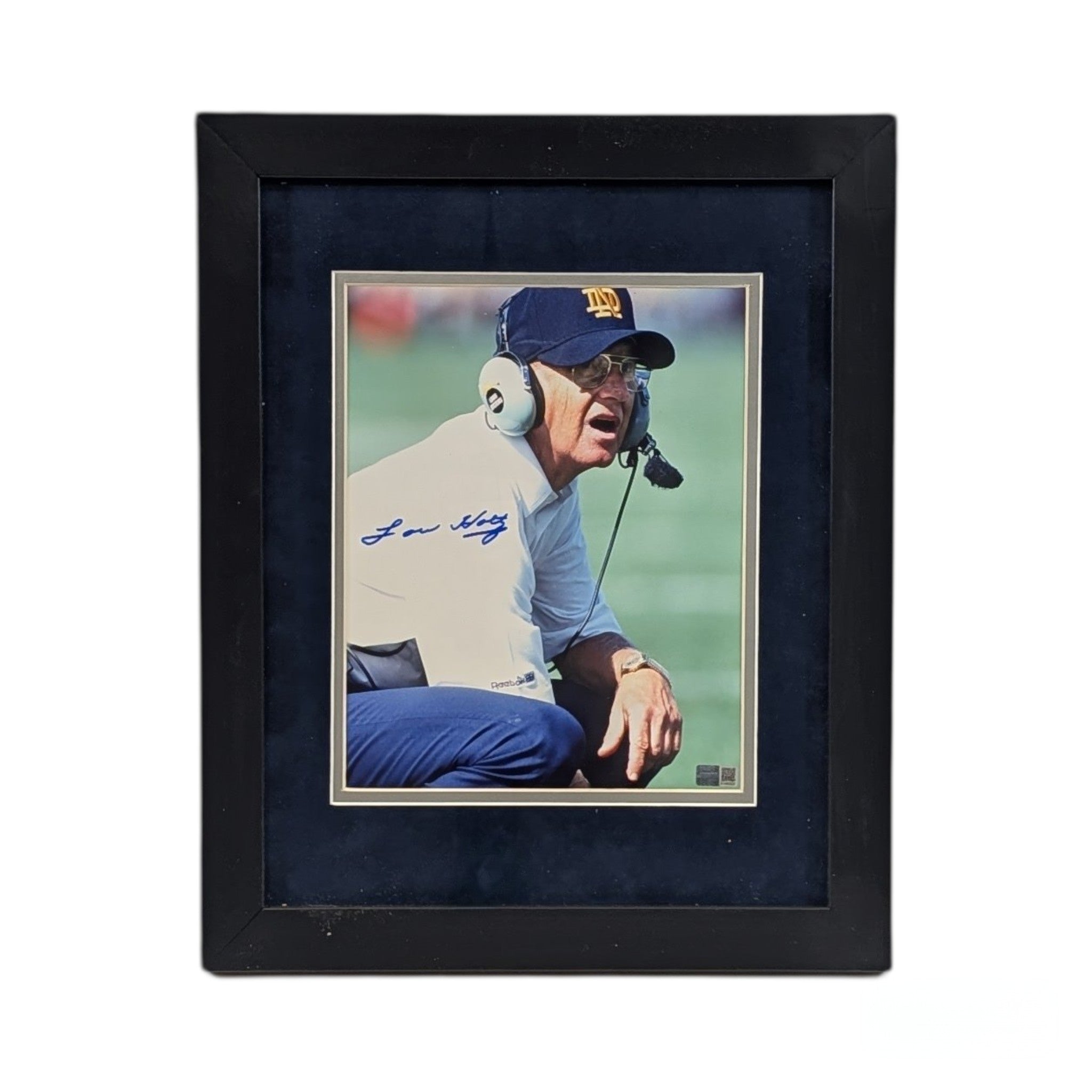 Lou Holtz Notre Dame w/ Headset Framed 8x10 Steiner CX – BG Autographs